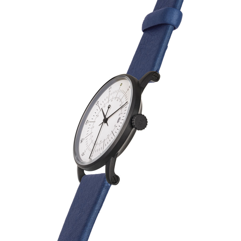 squarestreet SQ38 Plano Matte Black Watch Eggshell-White/Blue Leather ...